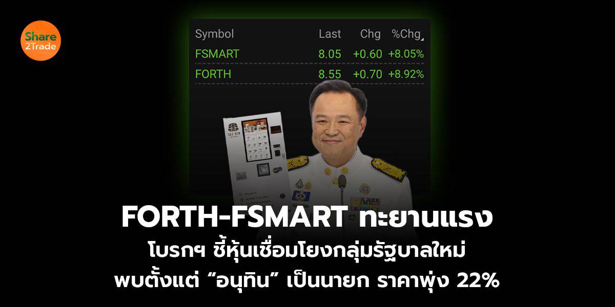 FORTH-FSMART ทะยานแรง โบรกฯ ชี้หุ้นเชื่อมโยงกลุ่มรัฐบาลใหม่ พบตั้งแต่ “อนุทิน” เป็นนายก ราคาพุ่ง ...